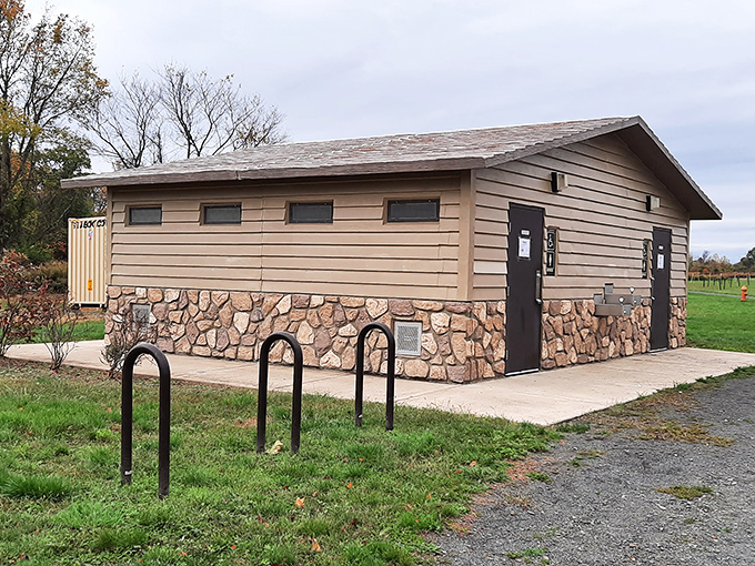 Even state parks understand the importance of practical matters. This rustic restroom facility might not win architectural awards, but it's a welcome sight on long hikes.