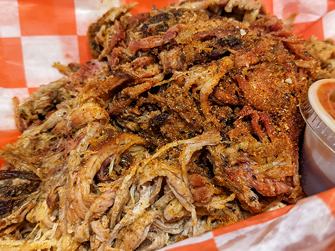 This pulled pork looks like it's been through therapy—completely broken down, yet somehow better and more flavorful for the experience.
