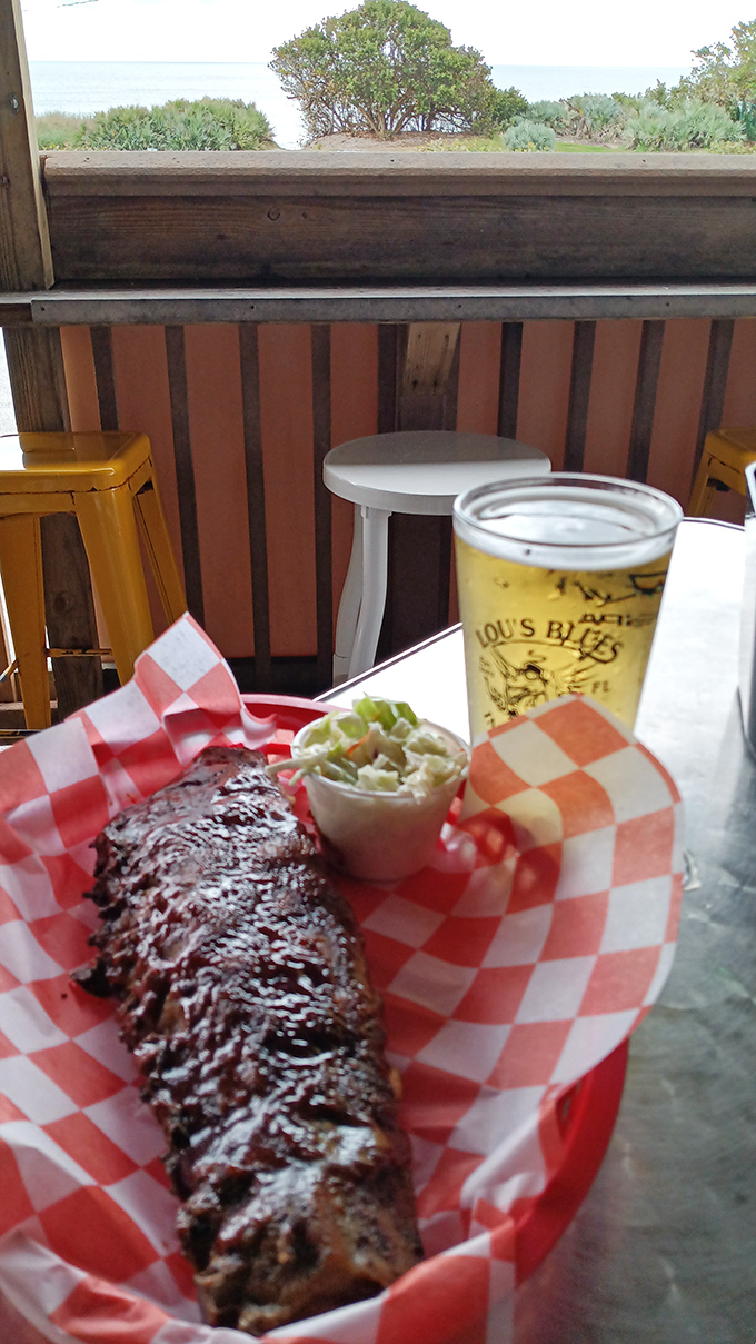 Ribs with a view&mdash;because barbecue tastes better when paired with ocean breezes and cold beer in branded glassware.