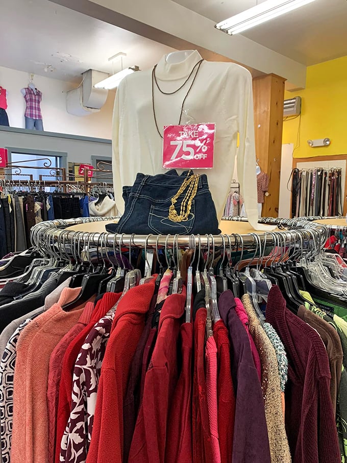 The 75% off rack: where fashion dreams and budget realities come together for a group hug. That white blouse has "your next Zoom meeting star" written all over it.