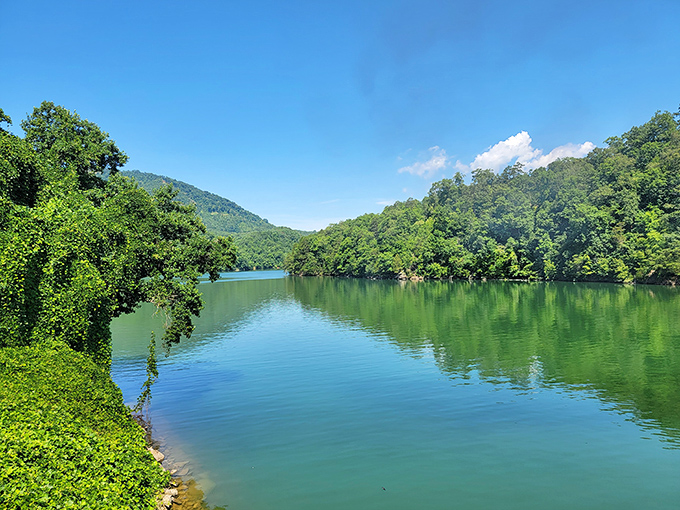 The emerald waters mirror the lush mountains, creating a double dose of serenity that passengers glimpse from their window seats.