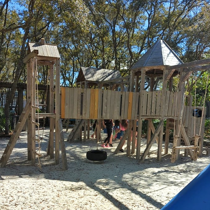 This playground equipment looks sturdy enough to survive both hurricanes and sugar-rushed toddlers on spring break.