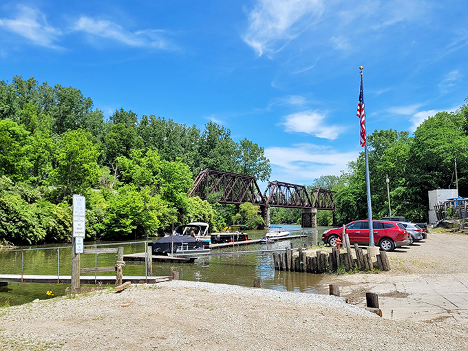The railroad bridge spans the Sandusky like an iron sentinel, reminding visitors that rivers were America's first highways long before interstates existed.