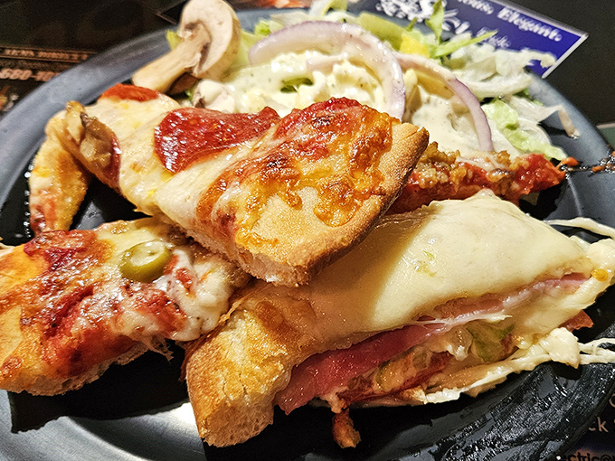 When pizza crust becomes a sandwich vessel, you know you're in the presence of culinary mad scientists.
