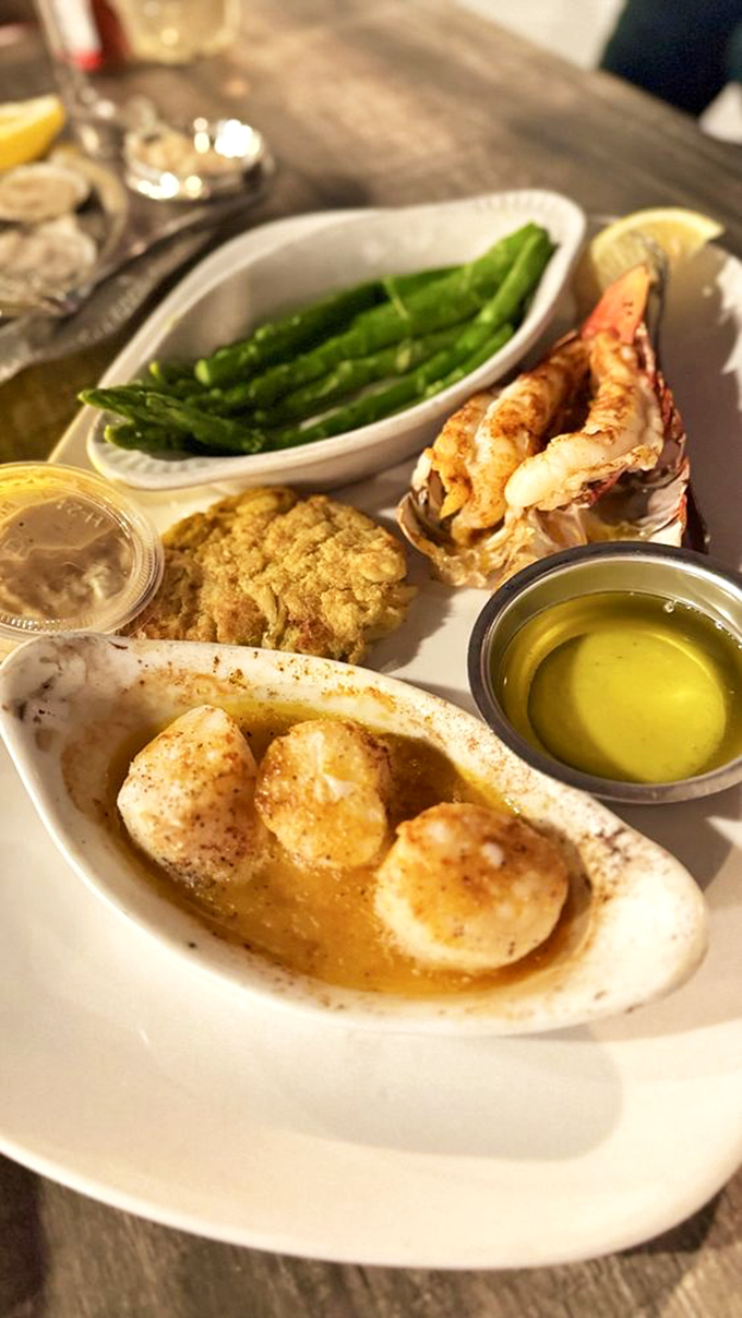 The seafood sampler that dreams are made of&mdash;succulent scallops, crab meat, and asparagus creating a harmony that makes you wonder why you'd ever order just one thing.