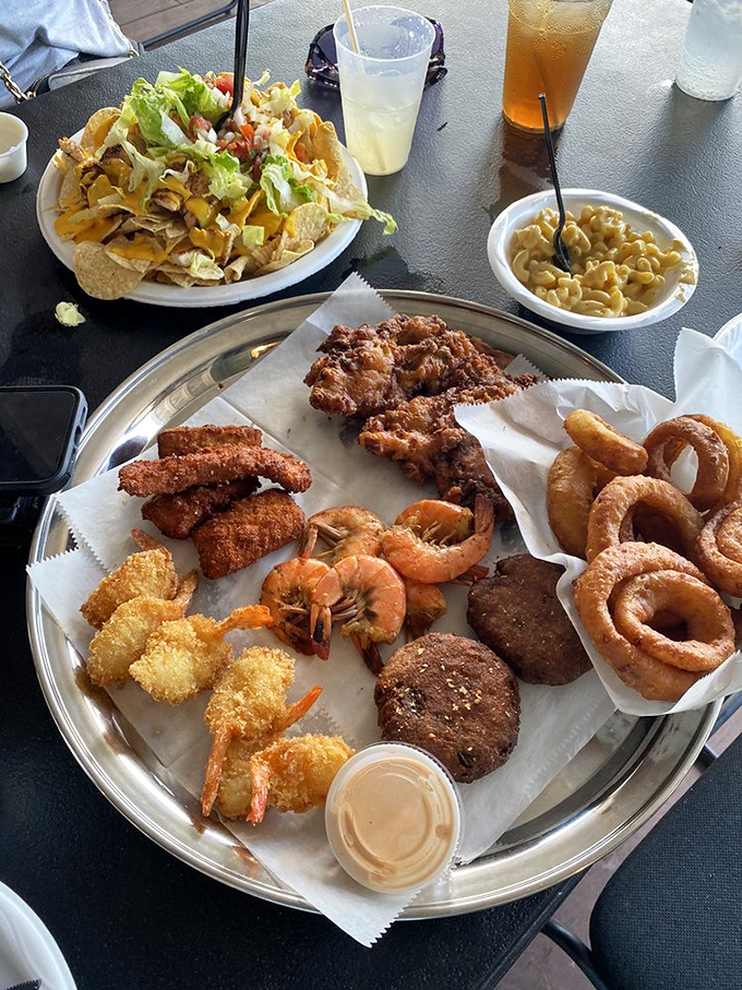 The seafood sampler is basically a greatest hits album for your mouth&mdash;fried shrimp, fish, onion rings, and more, with mac and cheese playing backup.