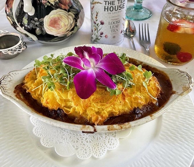 Not your cafeteria lady's shepherd's pie. This golden-topped beauty comes dressed for the occasion with edible flowers and microgreens.