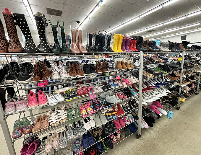 Cinderella had one glass slipper, but here's an entire kingdom of footwear. From practical flip-flops to dress shoes waiting for their second dance.