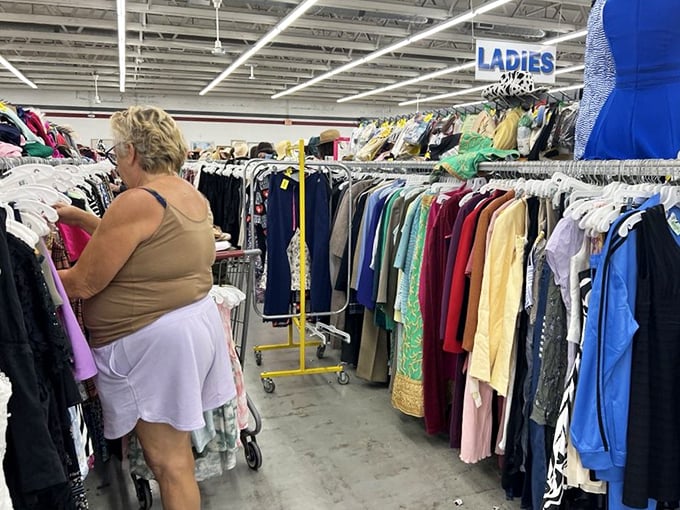 The ladies' clothing section stretches to the horizon. Shopping here is like having access to hundreds of closets without the awkward explanations.