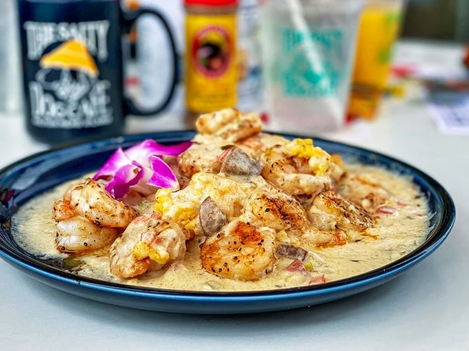 These shrimp aren't just swimming in grits&mdash;they're doing the backstroke in a pool of creamy, cheesy Southern comfort that demands a standing ovation.