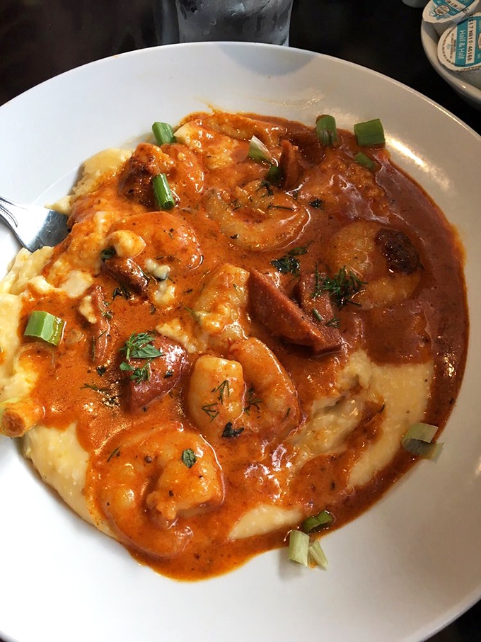 These shrimp and grits aren't messing around. That rich, spicy sauce could make even a breakfast skeptic set an alarm for 8 AM.
