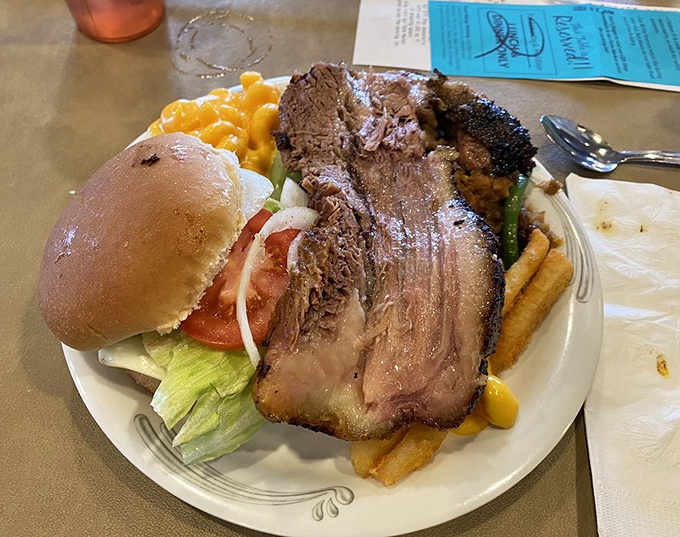 This isn't just a plate&mdash;it's a carnivore's dream come true. That brisket has clearly been slow-dancing with smoke for hours. 
