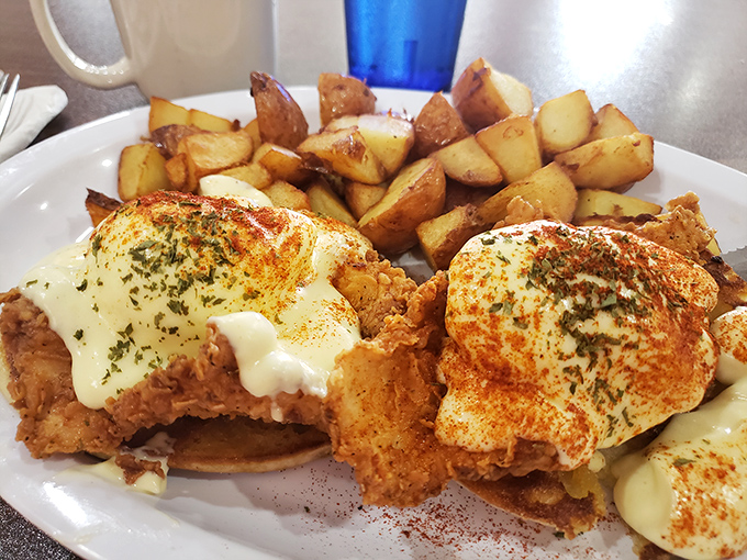 Whoever invented this Southern Benedict deserves a Nobel Prize in breakfast innovation. Crispy fried chicken crowned with eggs and hollandaise&mdash;morning royalty.