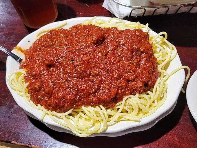 Spaghetti that doesn't know when to quit! This mountain of pasta and hearty sauce could feed a family or one very determined pasta enthusiast.