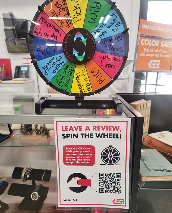 Spin to win! Leave a review and try your luck—because nothing complements the thrill of thrifting like a game of chance.