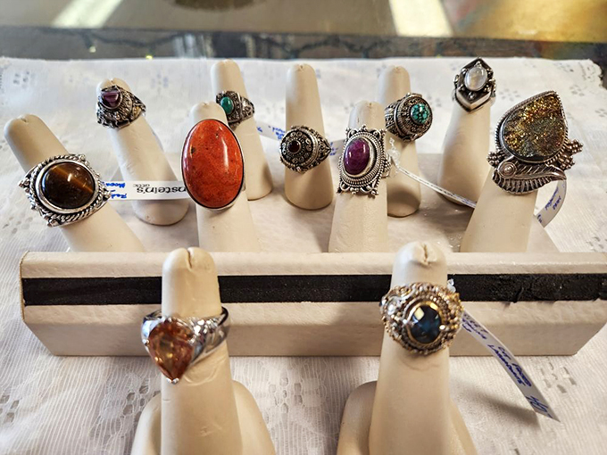 Gemstone rings that transform ordinary hands into royal ones. Each stone a tiny planet with its own geological history.