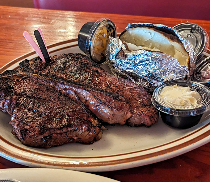 The T-bone doesn't just cross the line between strip and tenderloin&mdash;it obliterates it with flame-kissed perfection that would make cavemen proud.