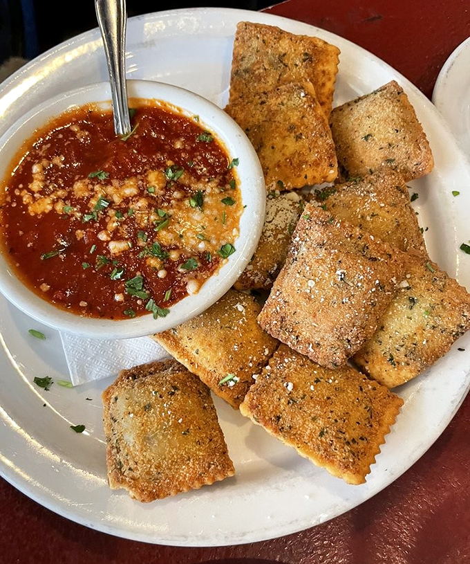 St. Louis' claim to culinary fame: toasted ravioli with marinara for dipping. Like pasta and chips had a beautiful baby that was raised in Missouri.