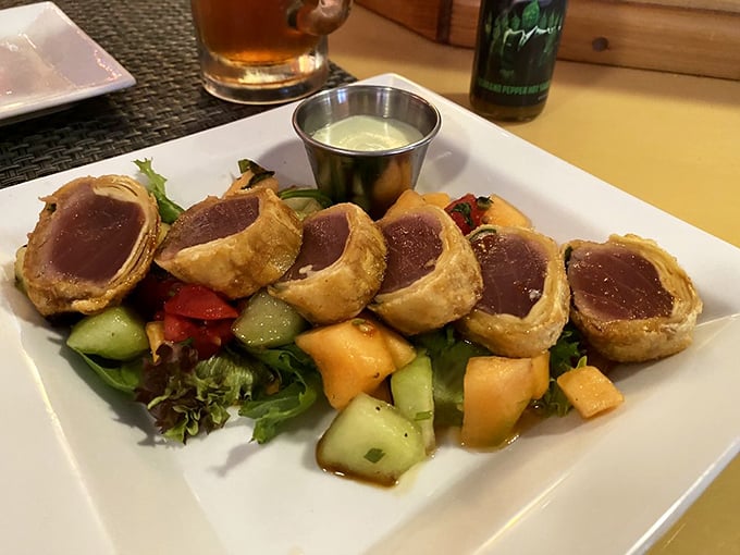 The Tuna & Basil Roll isn't just appetizer—it's edible art, with perfectly seared tuna and a rainbow of fresh ingredients.