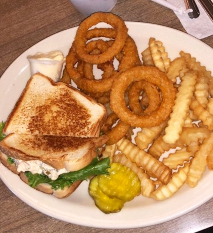The holy trinity of diner perfection: a golden-grilled sandwich, crispy fries, and onion rings that could double as edible jewelry. Pickle included for moral support.