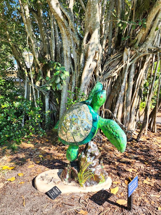 A mosaic sea turtle sculpture catches the light, reminding visitors of the garden's connection to Florida's coastal ecosystem.