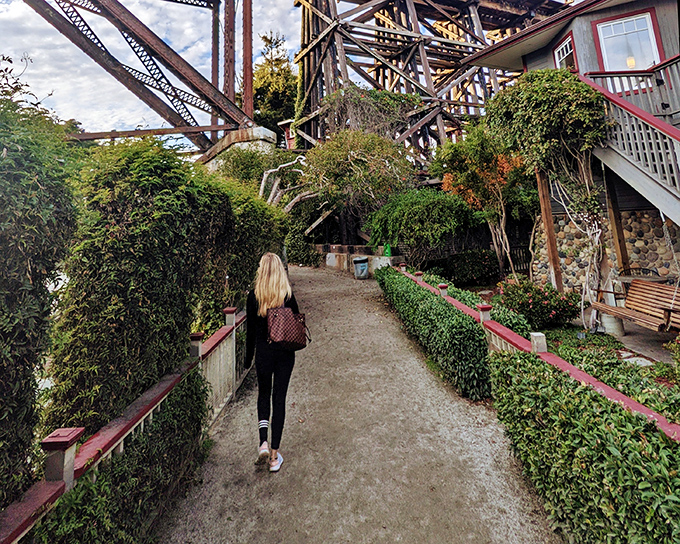 This garden path beneath the railroad trestle feels like stumbling into a secret passage to Narnia, California-style.