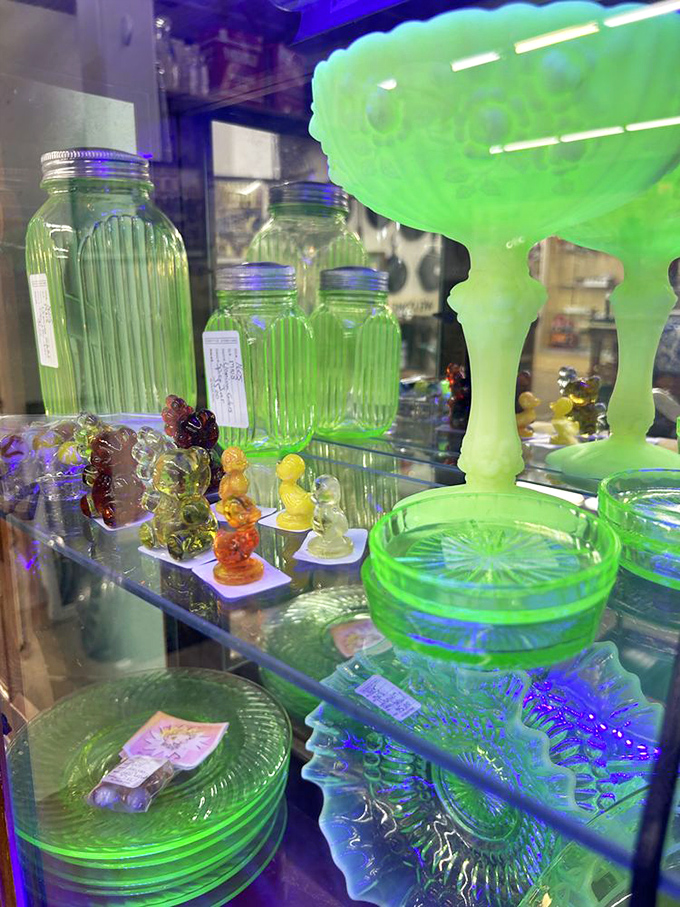 The eerie glow of uranium glass collection – like kryptonite for collectors. These Depression-era treasures light up under black light like nature's neon.