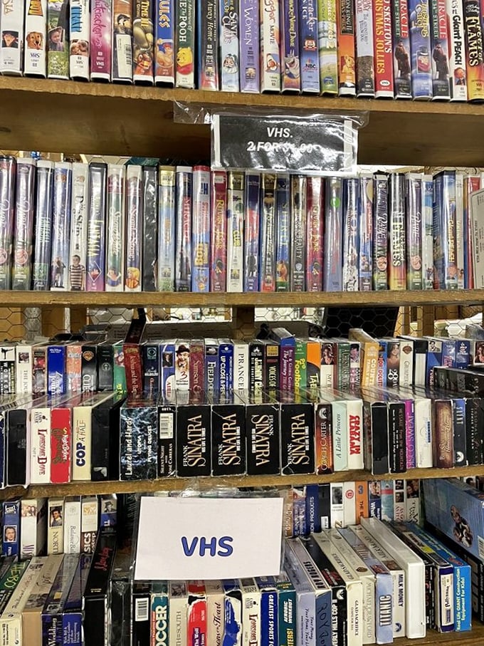 VHS paradise! Remember when rewinding was an act of courtesy? These tapes are time machines to evenings when "be kind, rewind" was our social contract.