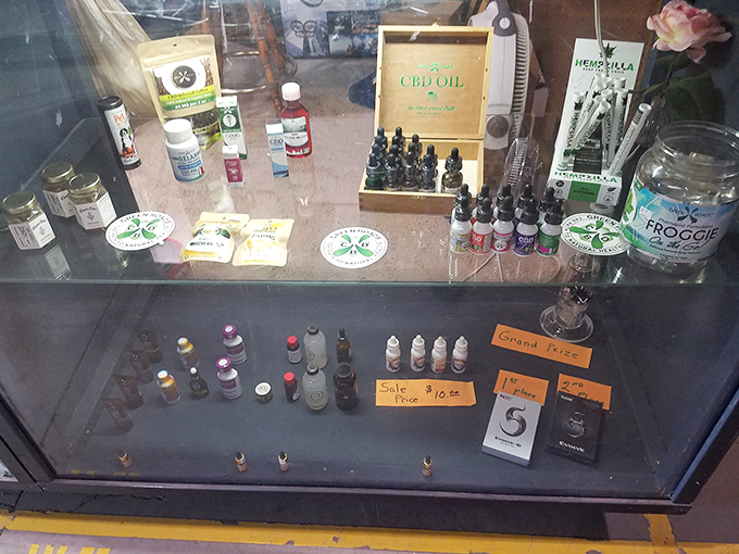 Not your average medicine cabinet! This display of CBD products offers modern remedies in an old-school marketplace setting.
