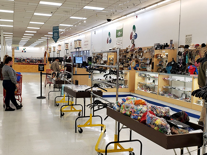 The checkout area buzzes with activity as bargain hunters complete their quests, red shopping carts filled with newfound treasures.