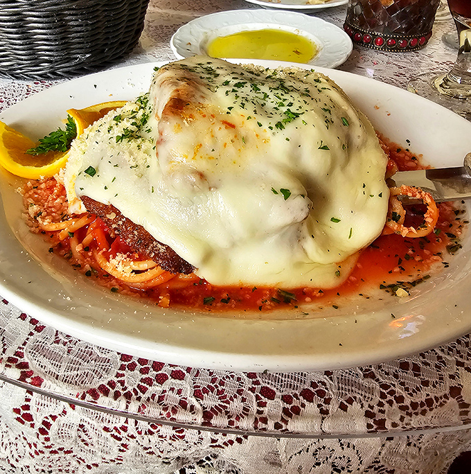 The star of the show: Veal Parmesan that would make any Italian grandmother nod in approval, served over a bed of perfectly twirled spaghetti.