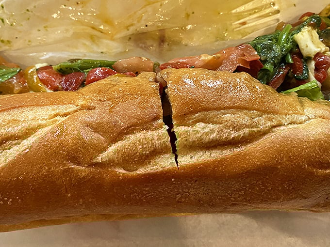 A veggie hoagie that doesn't feel like punishment. Those vibrant peppers and fresh vegetables prove meatless doesn't mean joyless in Philly.