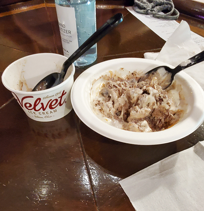 Even the empty bowl tells a story of ice cream happiness. The branded cup is like a trophy for completing a delicious mission.