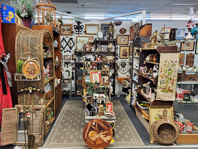 Wicker peacock chairs and vintage frames transport you straight into a 1970s dream.