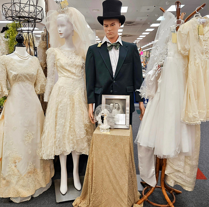 The wedding display that makes you wonder: did these mannequins ever get their happily ever after, or are they still waiting for the right collector?