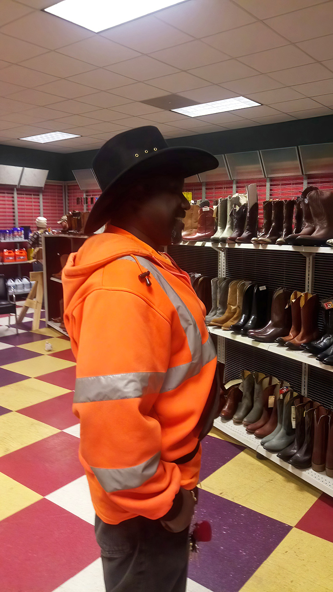 Western boots line the shelves like a chorus line of leather performers, each with stories to tell and miles yet to travel. 