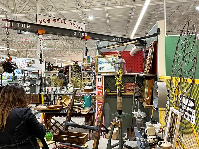 Industrial meets nostalgia as a shopper contemplates whether that vintage crane belongs in their living room or garage museum.