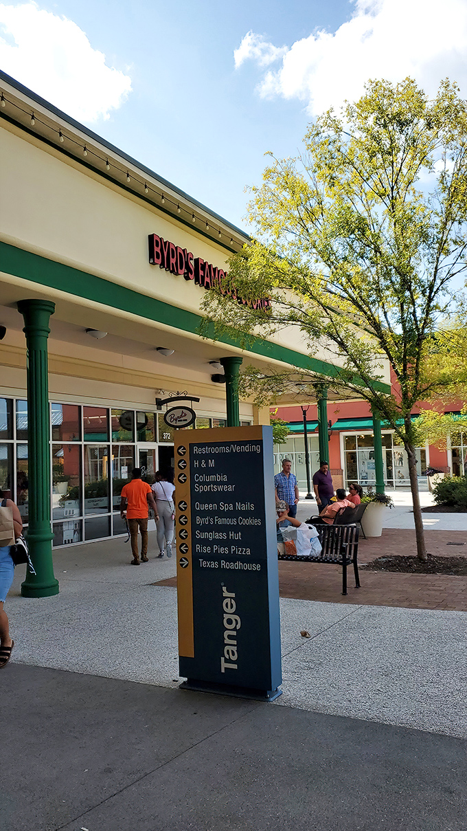 Byrd's Famous Cookies stands ready to fuel shopping marathons, with directional signs pointing the way to more treasures like a retail treasure map.