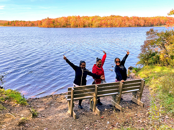 Joy finds its perfect expression at Tobyhanna's lakeside viewpoints. These visitors have discovered what Pennsylvania's been quietly hiding.