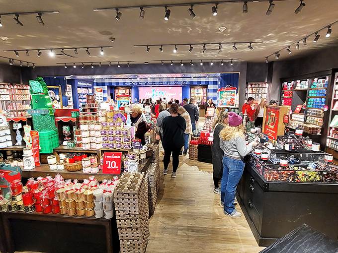 The colorful chaos of a specialty shop where shoppers navigate a rainbow of options. Bargain hunting has never looked so vibrant.