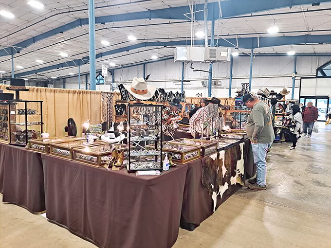Western wear meets handcrafted jewelry in this indoor pavilion where shoppers can escape Texas heat while hunting for authentic cowboy accessories.