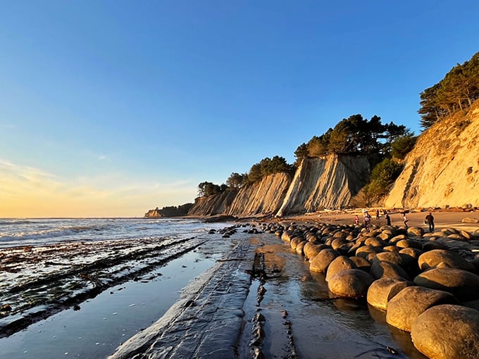 Sunlight dances across the weathered cliffs, creating a natural cathedral. The bowling balls await low tide to make their grand appearance.