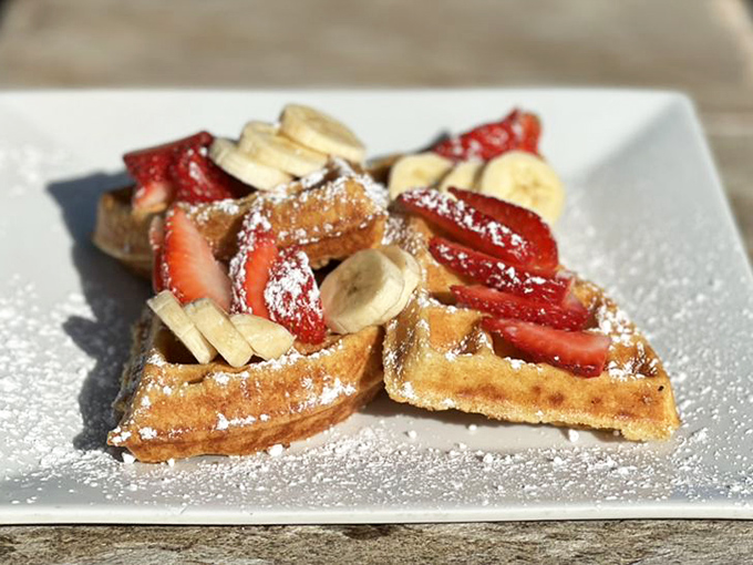 These waffles don't just carry fruit&mdash;they showcase it. Strawberries, bananas and a dusting of powdered sugar create breakfast's answer to fine art.