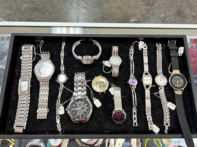 Time literally stands still in the accessories section, where vintage watches tick with possibilities and second chances.