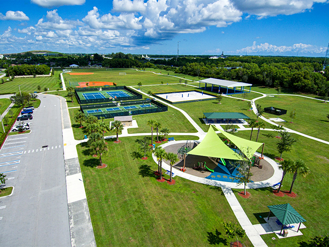 Winterlakes Park combines sports facilities with playground fun, where grandkids can burn energy while grandparents preserve their retirement funds.