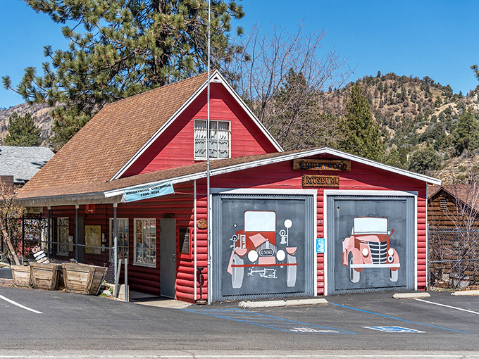 The bright red Wrightwood Museum preserves local history in a building that looks like it belongs on the cover of a Christmas card.