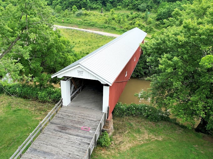 From above, the Rinard Bridge looks like a perfectly placed red ribbon across the green landscape.