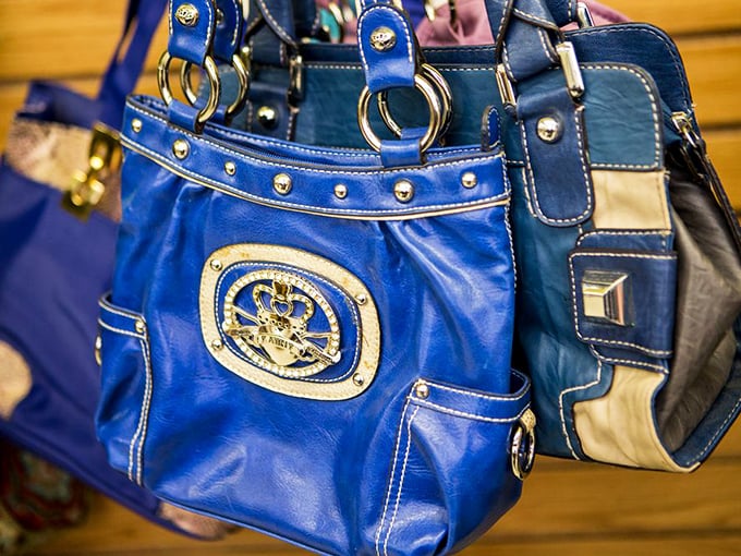 Blue leather handbags with enough pockets to lose your car keys in seventeen different places. Fashion meets function in this accessories goldmine.