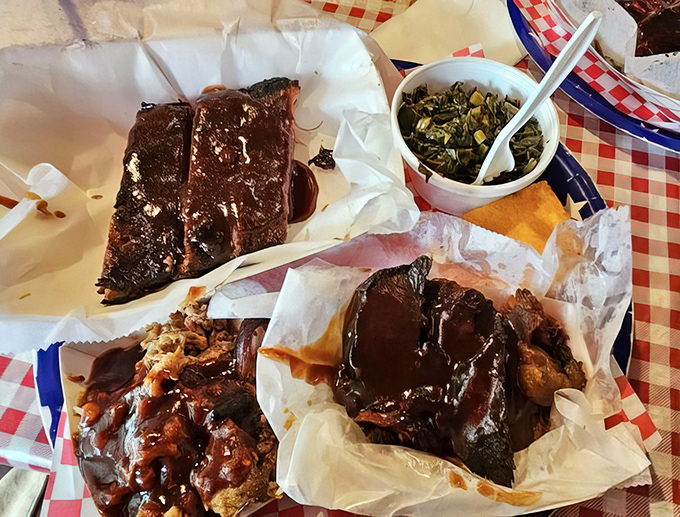 Not so much a meal as a religious experience. Ribs, brisket, pulled pork, and collard greens&mdash;this platter is what BBQ dreams are made of.