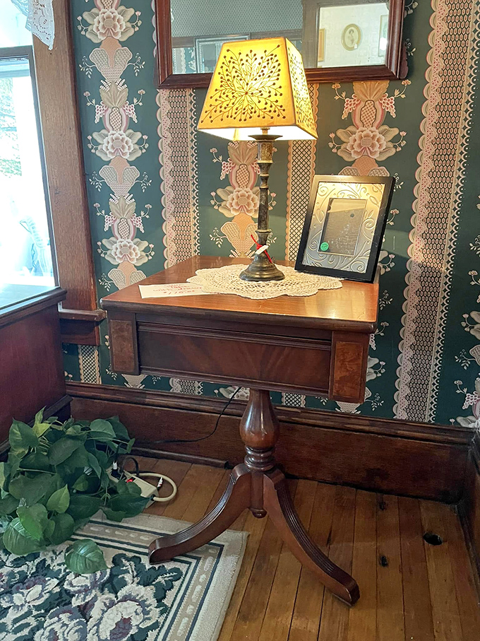 This isn't just a vintage desk&mdash;it's a portal to another era, complete with period-perfect lamp and wallpaper that would make your grandmother swoon.
